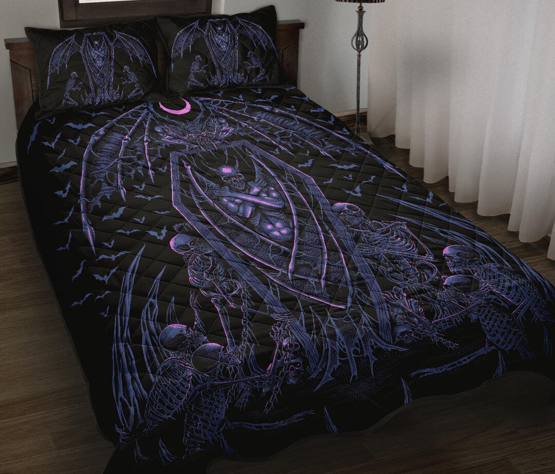 Skull Skeleton Chain Wicked Bat Shroud 3 Piece Quilt Set Night Blue ...
