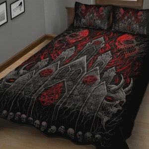 New! Skull Demon Satanic Pentagram Church Flame 3 Piece Quilt Red Flame ...