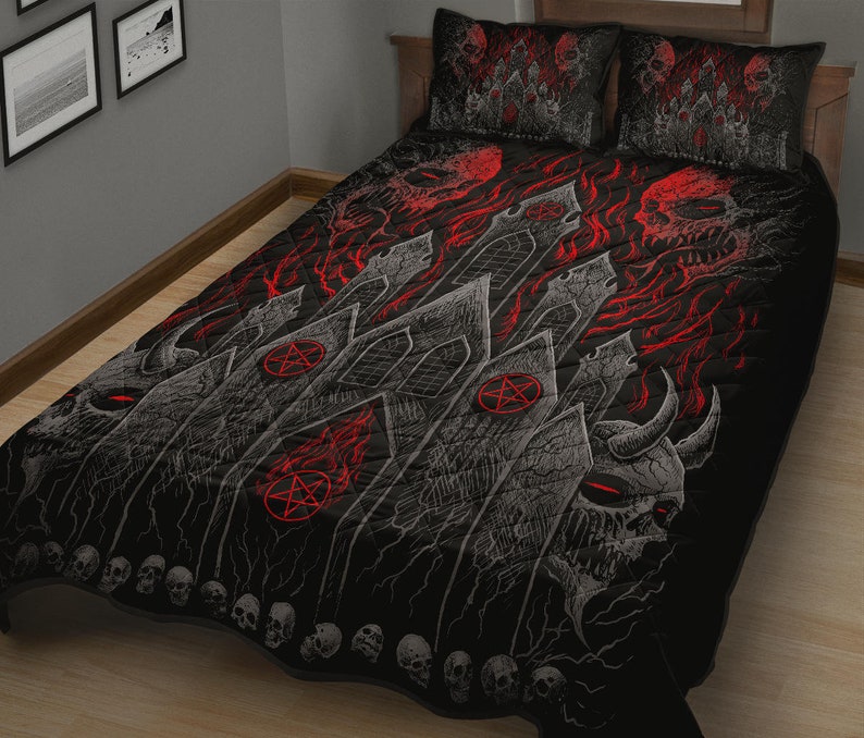 New! Skull Demon Satanic Pentagram Church Flame 3 Piece Quilt Red Flame ...