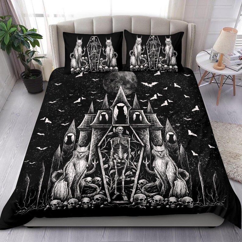 Skull Gothic Cat Skeleton Coffin Gothic Wicked Bat Night House 3 Piece ...