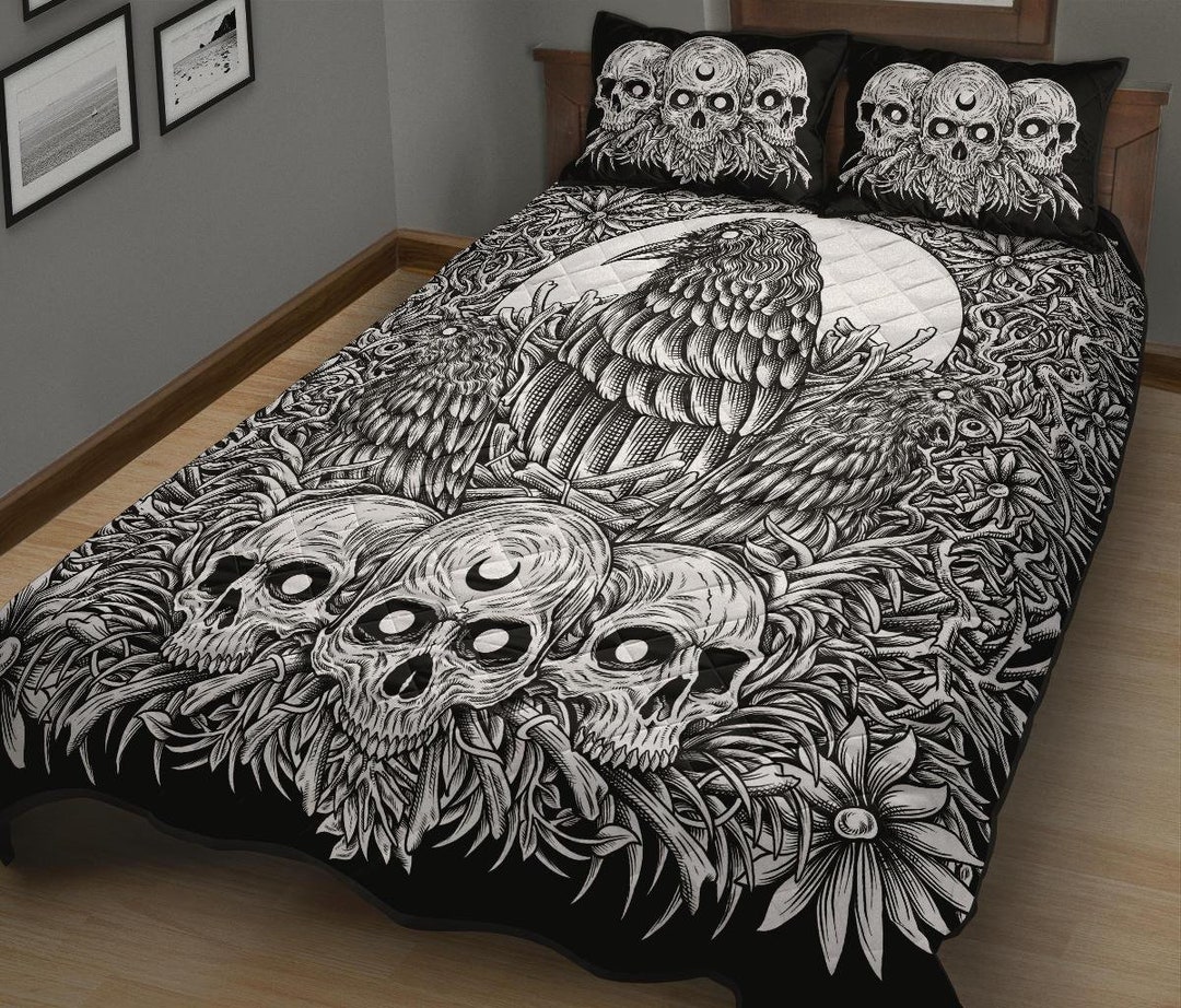 Skull Gothic Crow Eye Quilt 3 Piece Set Black and White-skull Gothic ...