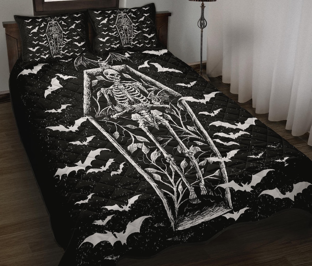 Bat Skull Skeleton Coffin Shrine 3 Piece Quilt Black and White-gothic ...