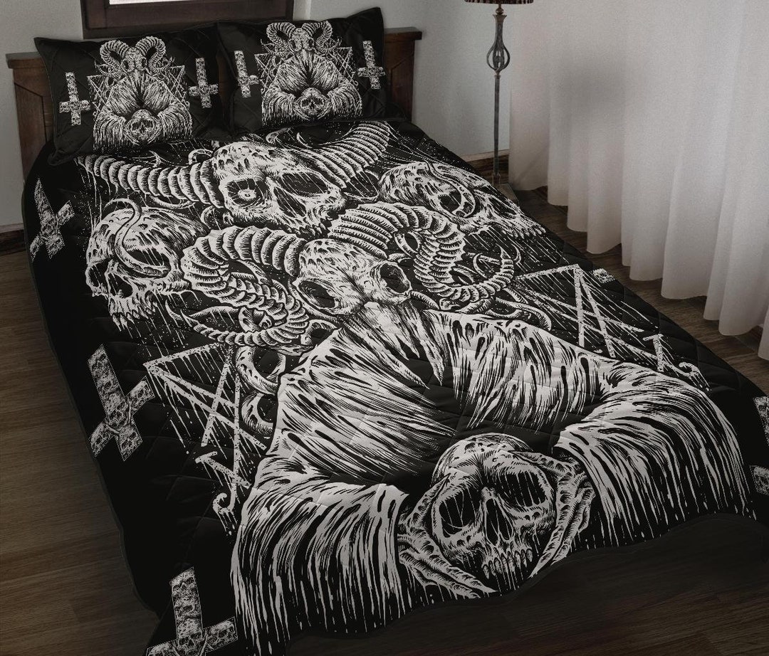 Skull Demon Satanic Cross Goat Skull Quilt 3 Piece Bed Set-satanic ...