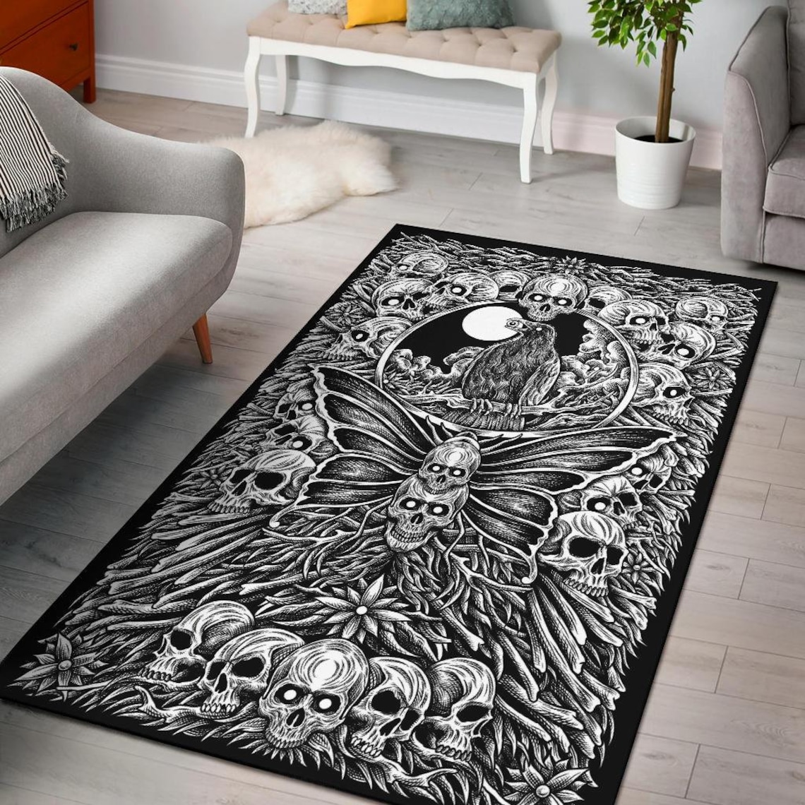 Skull Occult Crow Moth Area Rug Black and White Version-skull - Etsy