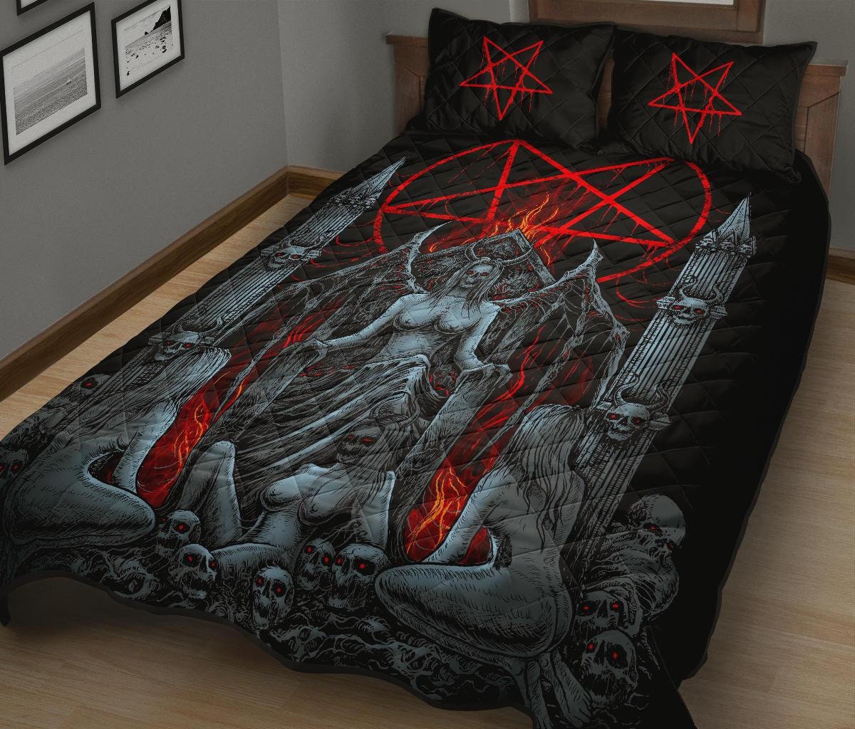 Skull Satanic Pentagram Lust Throne Quilt 3 Piece Set Color Version ...