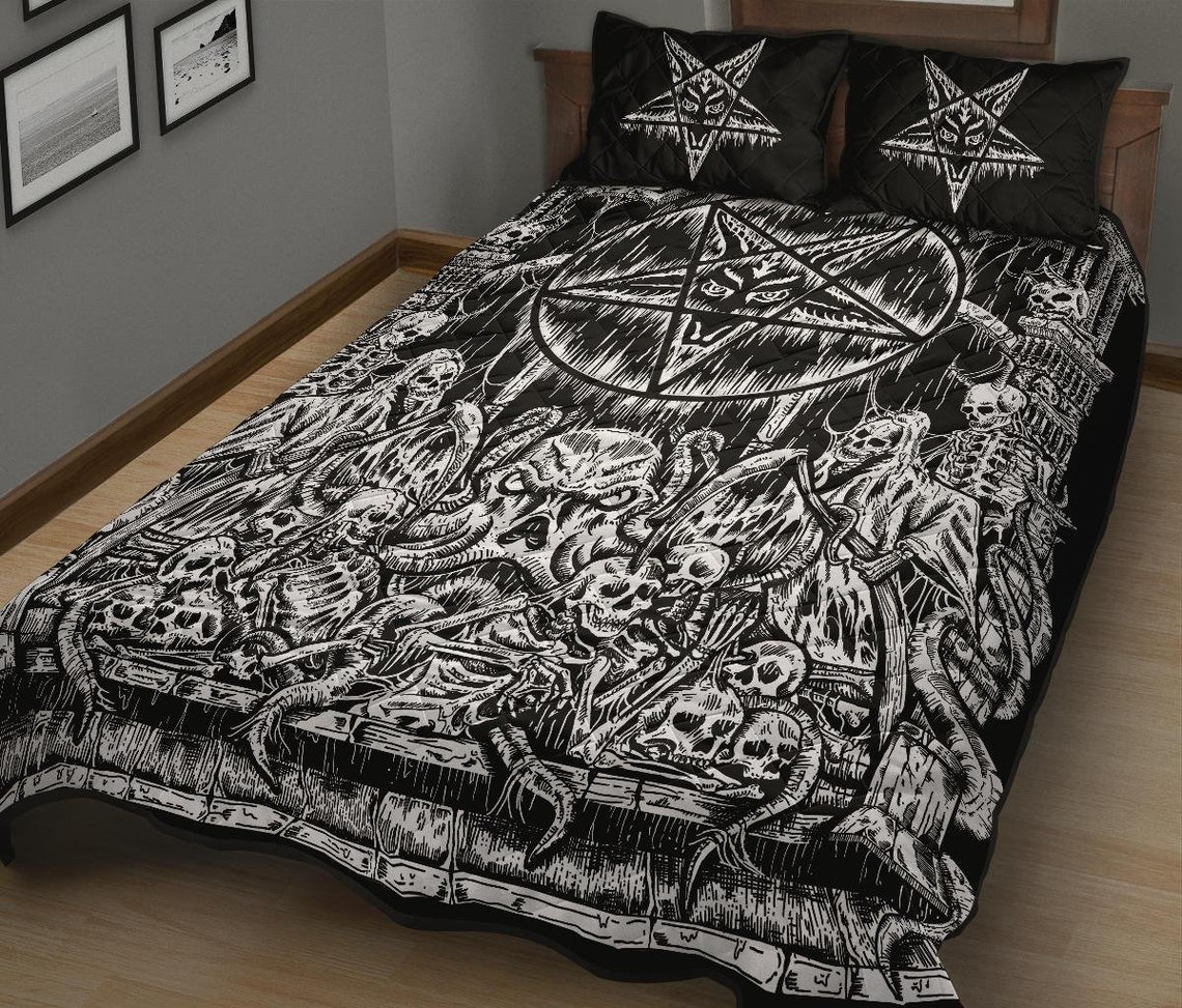 Skull Skeleton Satanic Pentagram Shrine Quilt 3 Piece Bed Set-satanic ...