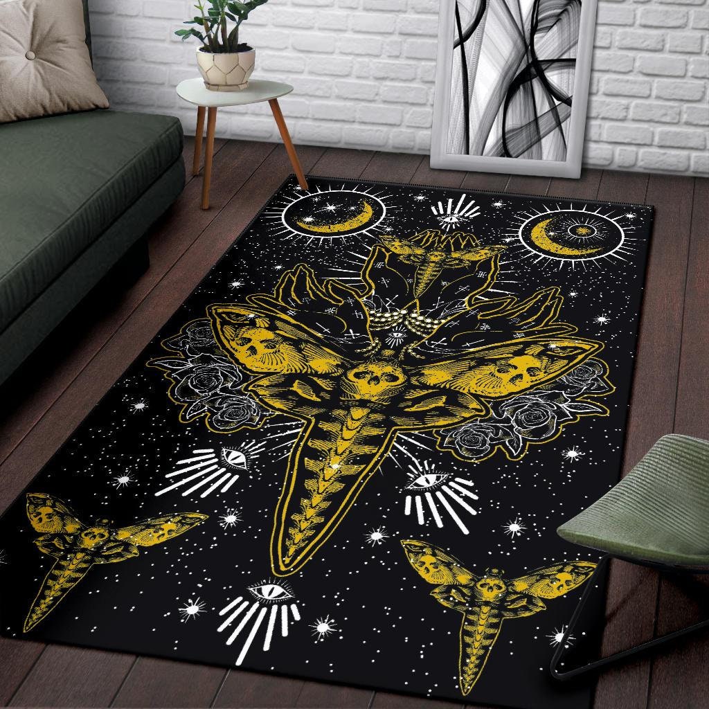 Skull Moth Secret Society Occult Style Area Rug Black and White Yellow ...