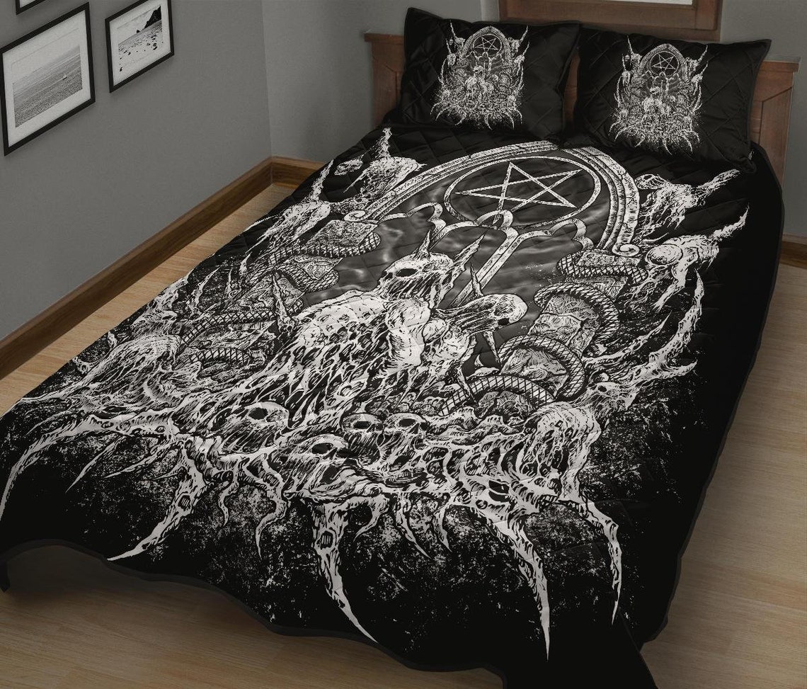 Skull Skeleton Satanic Pentagram Shrine Quilt 3 Piece Bed Set Black and ...