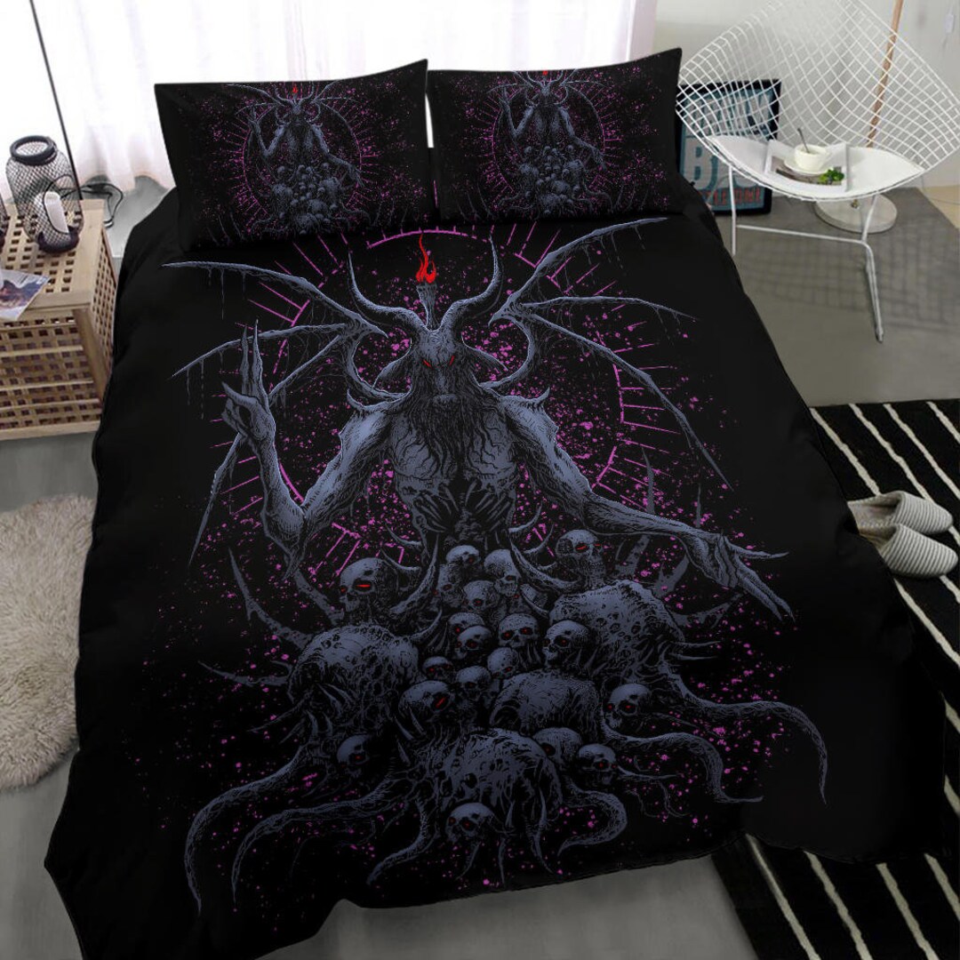 Skull Batwing Baphomet 3 Piece Duvet Set Night Blue Pink-baphomet ...