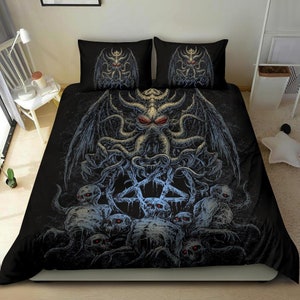 Skull Skeleton Demon Octopus Satanic Pentagram 3 Piece Duvet Set Night ...