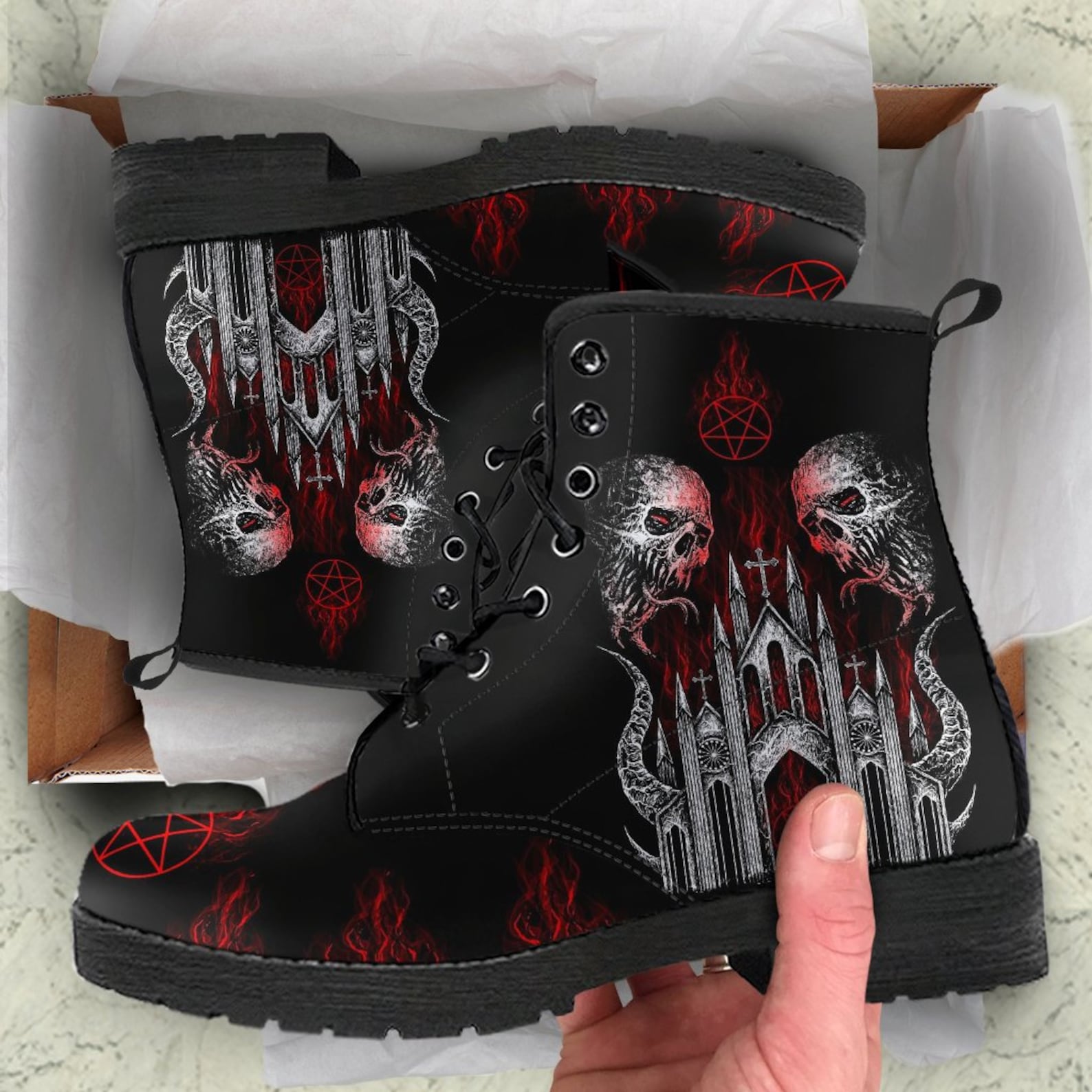 Skull Demon Satanic Pentagram Church Flame Leather Boots-Skull | Etsy