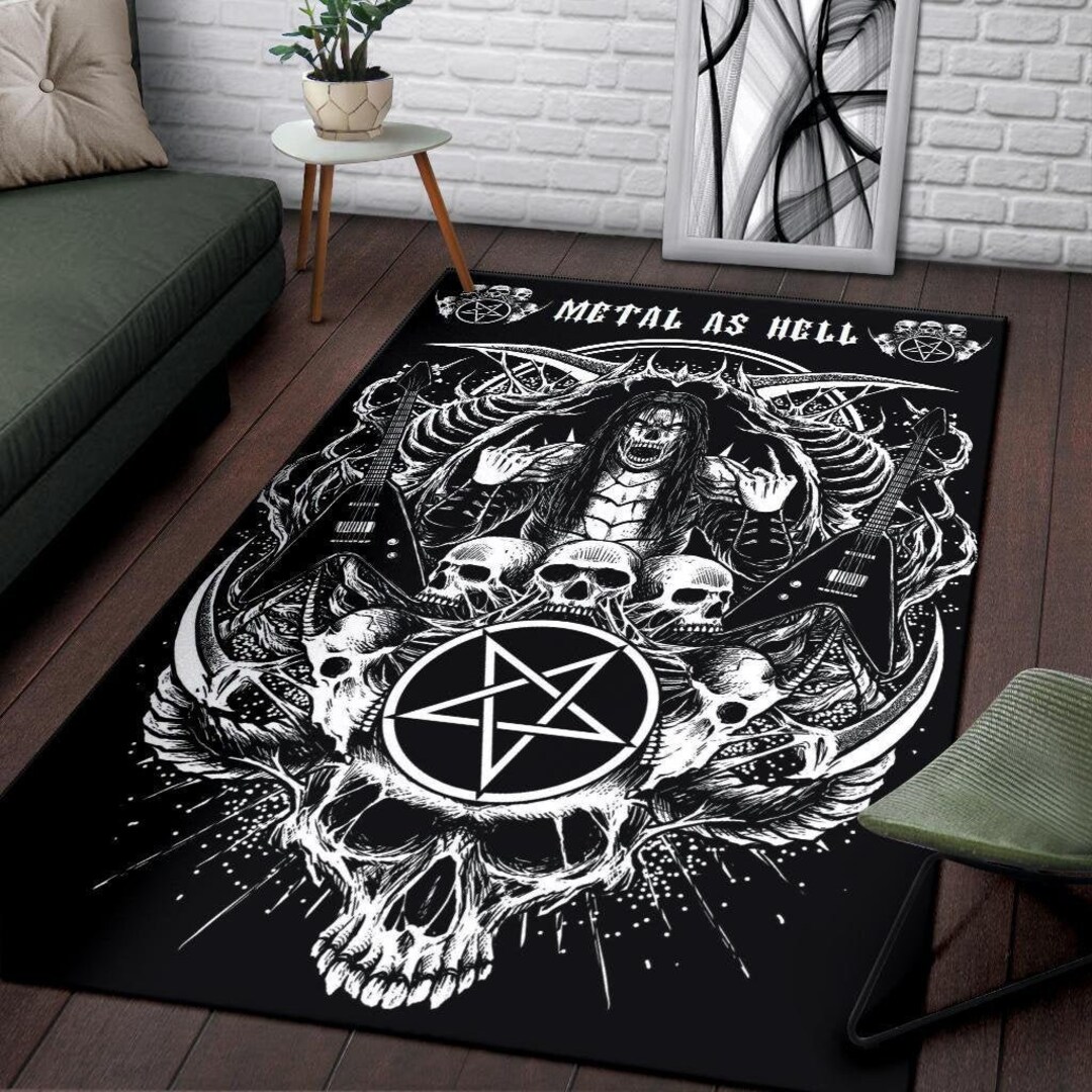 Skull Inverted Pentagram Guitar Metal Head Area Rug-heavy Metal Room ...