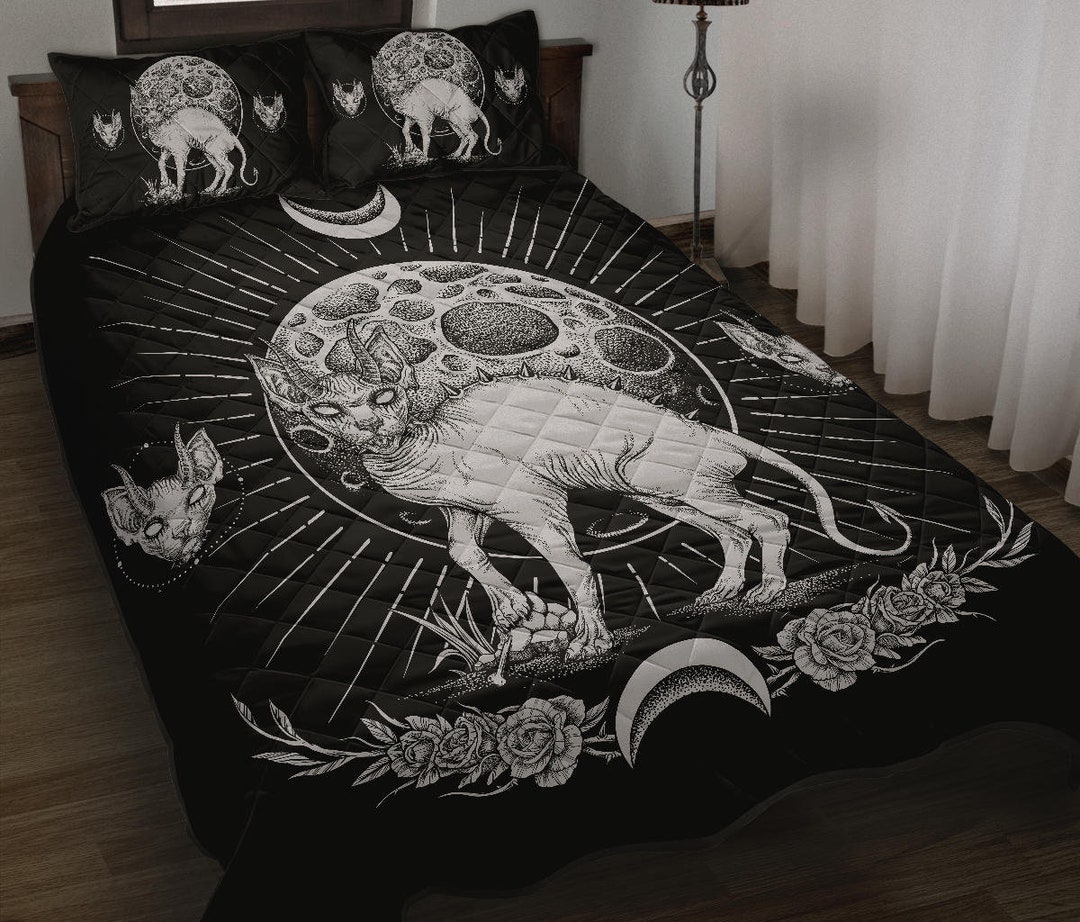 Gothic Occult Black Cat Unique Sphinx Style 3 Piece Quilt Set Black and ...