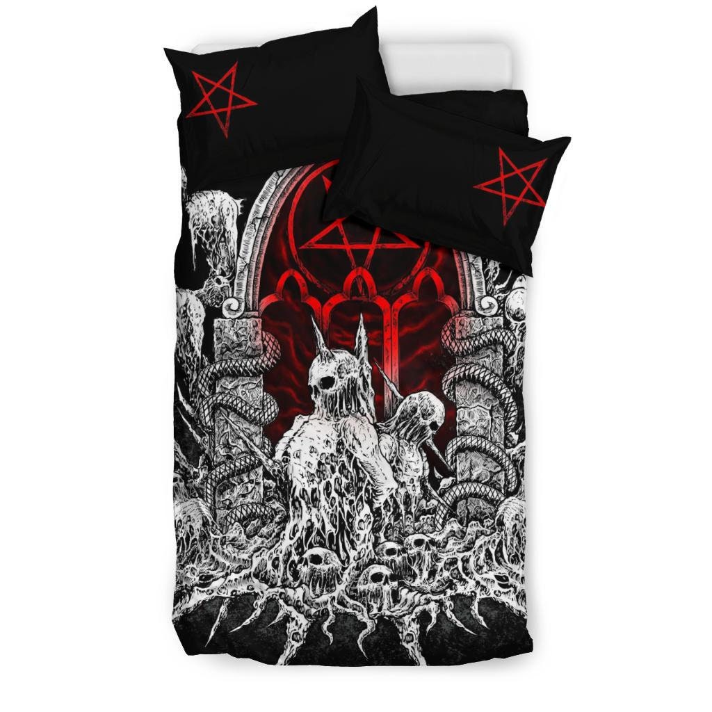 Skull Satanic Pentagram Shrine 3 Piece Duvet Set New Red With White ...