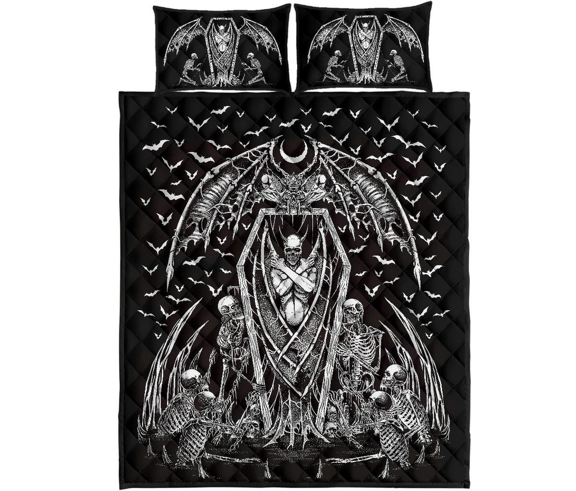 Skull Skeleton Chain Wicked Bat Shroud 3 Piece Quilt Set Black and ...
