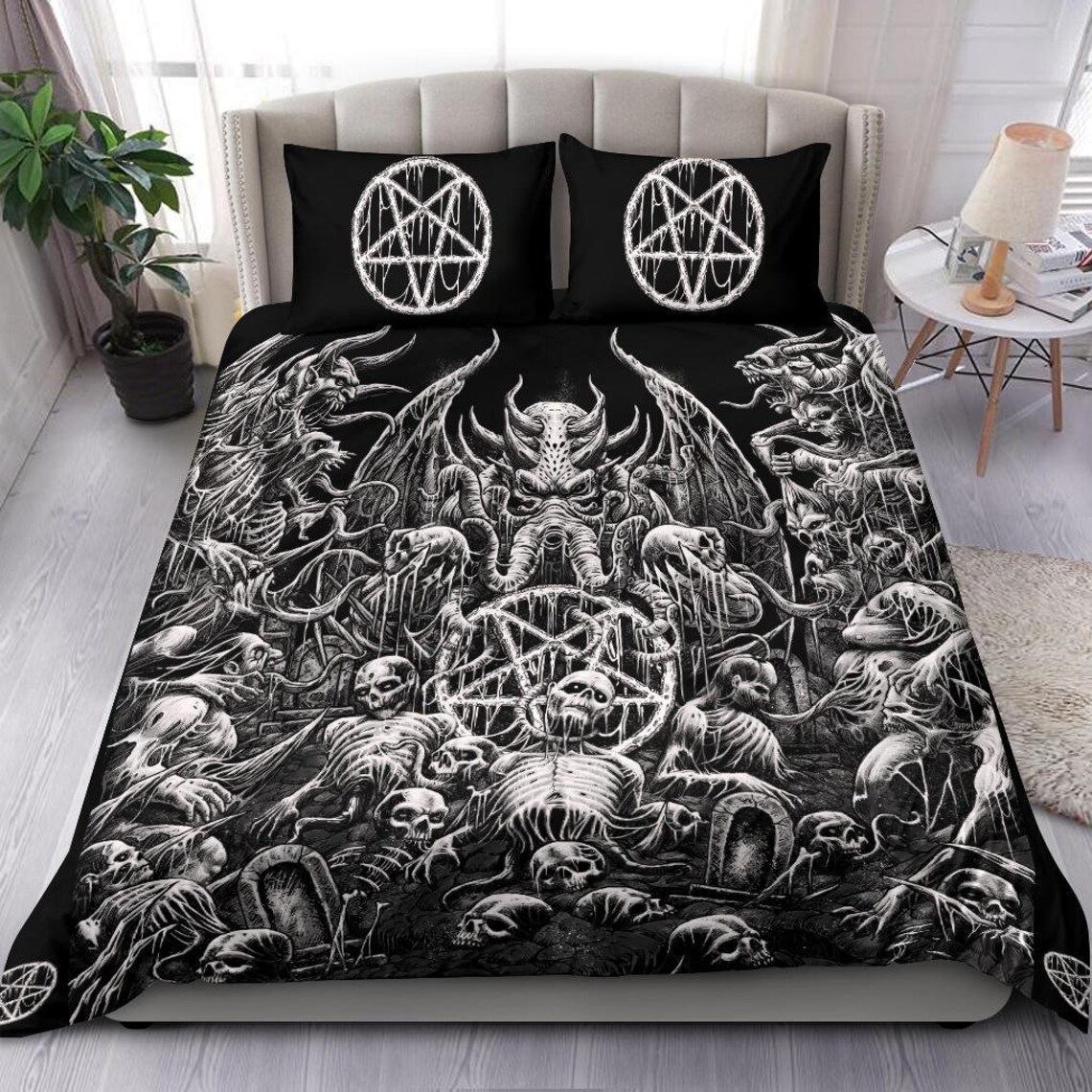 Skull Demon Satanic Pentagram Cthulhu 3 Piece Duvet Black and White No ...