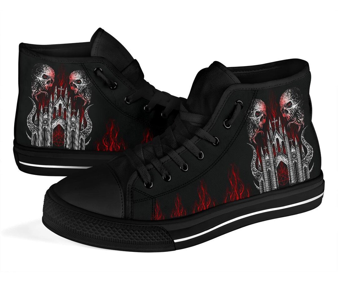 Skull Demon Satanic Pentagram Church Flame High Tops-pentagram High ...