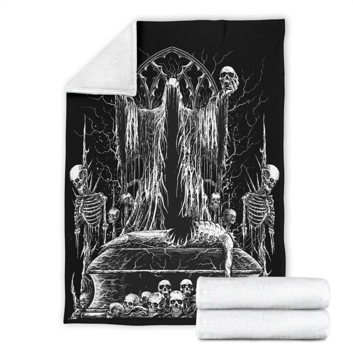 Skull Hooded Demon Impaled Coffin Shrine Blanket Black and White-gothic ...