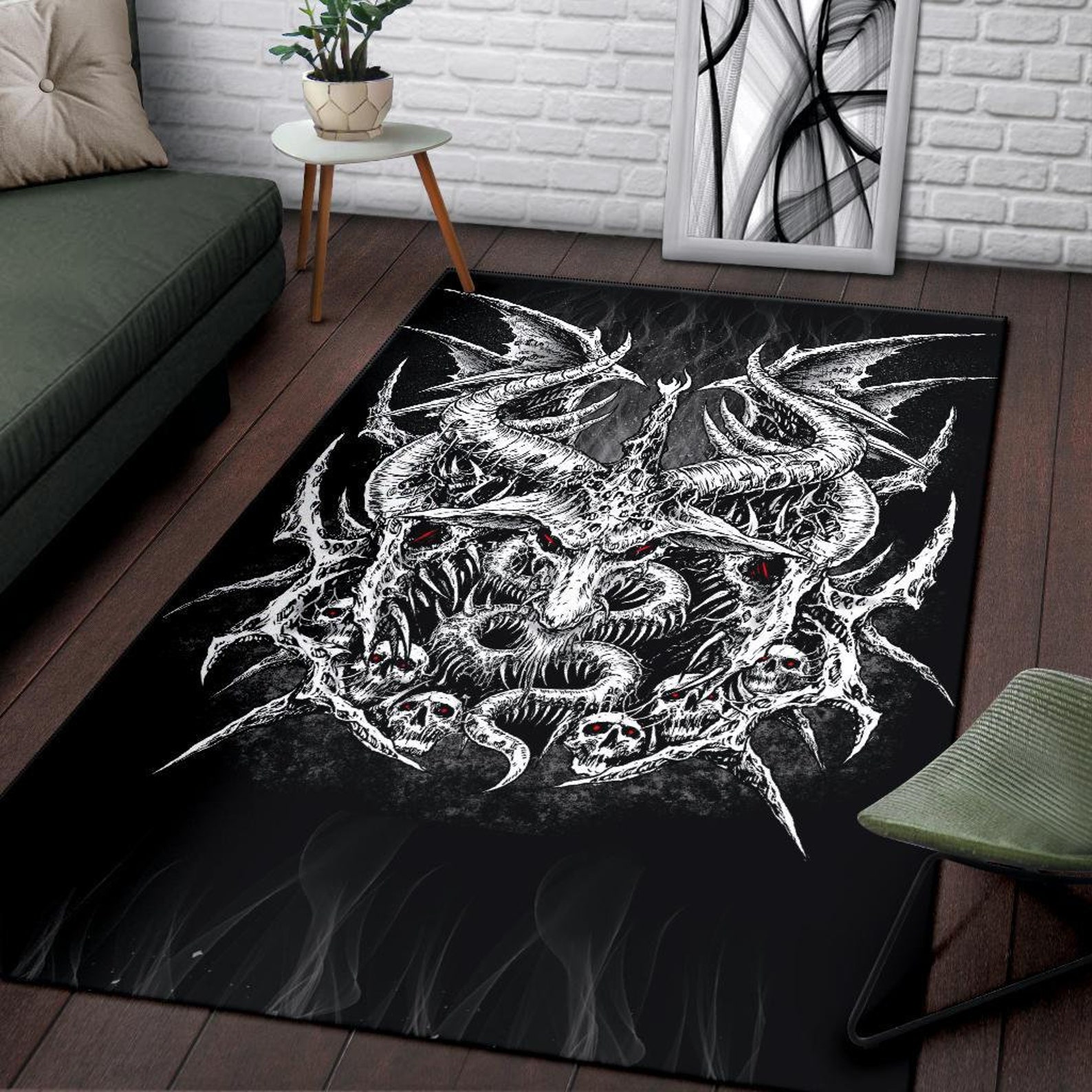 Skull Satanic Goat Wing Area Rug Black and White Red Eye Version ...