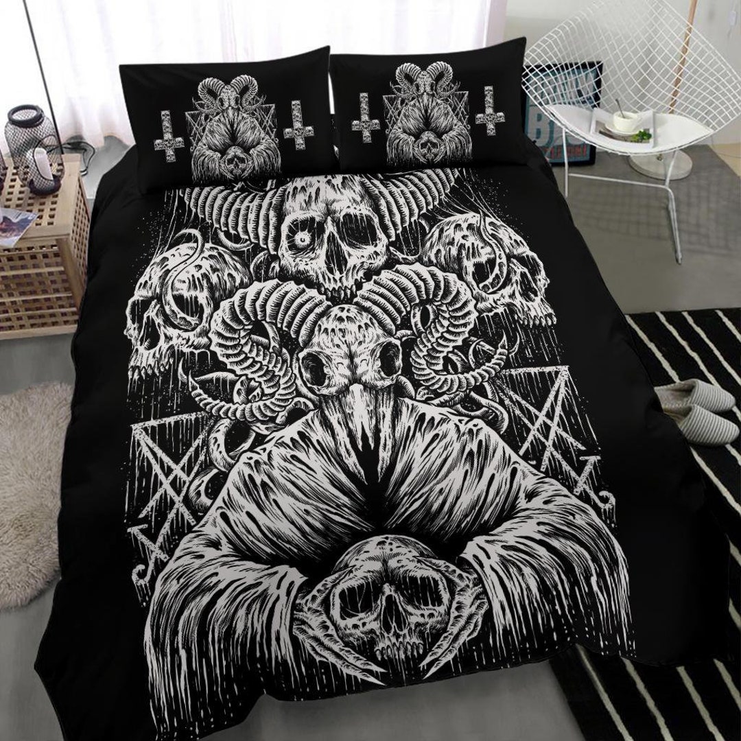 Satanic Skull Demon Inverted Skull Cross 3 Piece Duvet Set-satanic Home ...