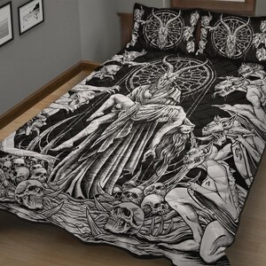 Skull Baphomet Goat Demon Frenzy 3 Piece Quilt Set Black and White ...