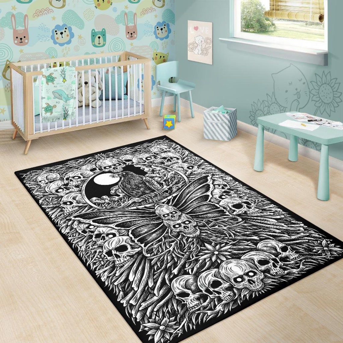 Skull Occult Crow Moth Area Rug Black and White Version-skull - Etsy