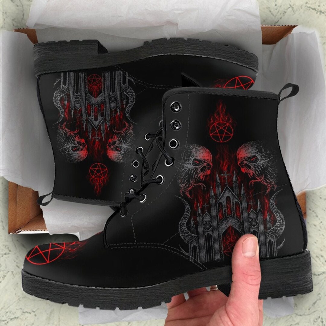 Demon Skull Satanic Pentagram Church Flame Handcrafted Leather Boots ...