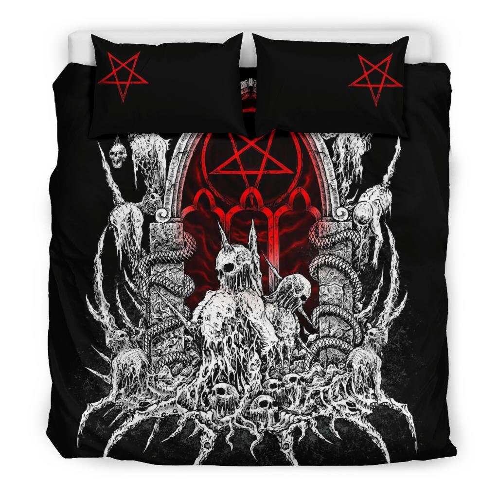 Skull Satanic Pentagram Shrine 3 Piece Duvet Set New Red With White ...