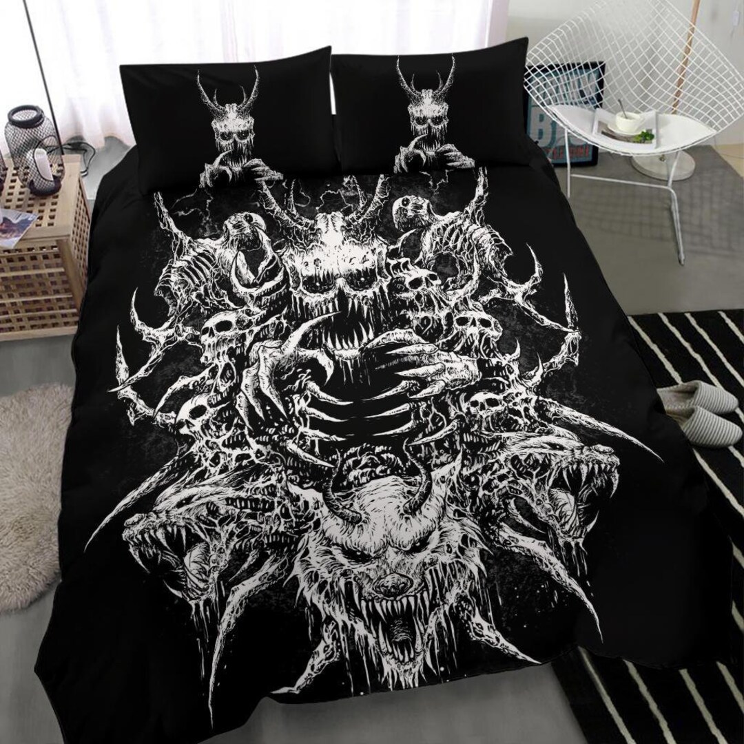 Skull Demon Wolf 3 Piece Duvet Set All Black and White Large Duvet ...