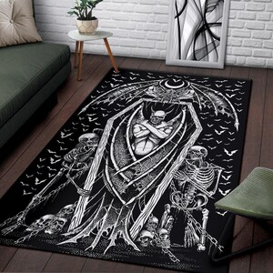 Skull Skeleton Chain Wicked Bat Shroud Area Rug Black and White-goth ...