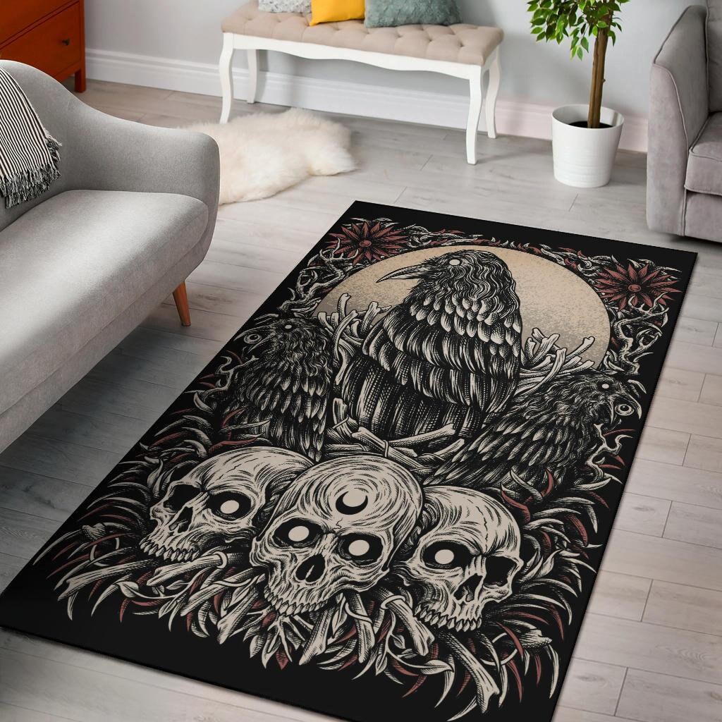 Skull Goth Occult Crow Area Rug New Dark Color White | Etsy