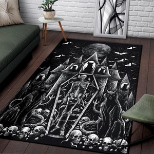 Skull Gothic Cat Skeleton Coffin Gothic Wicked Bat Night House Area Rug ...