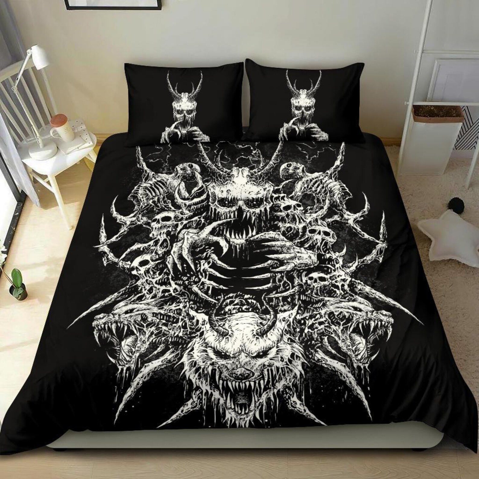 Skull Demon Wolf 3 Piece Duvet Set All Black and White Large - Etsy