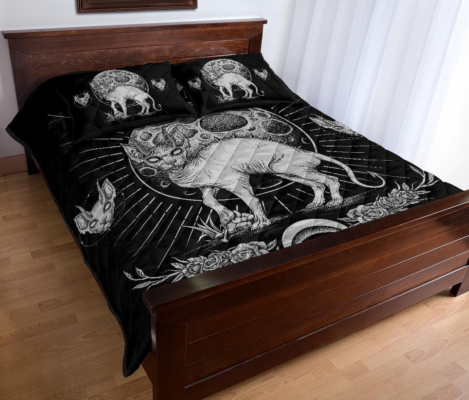 Gothic Occult Black Cat Unique Sphinx Style 3 Piece Quilt Set Black and ...