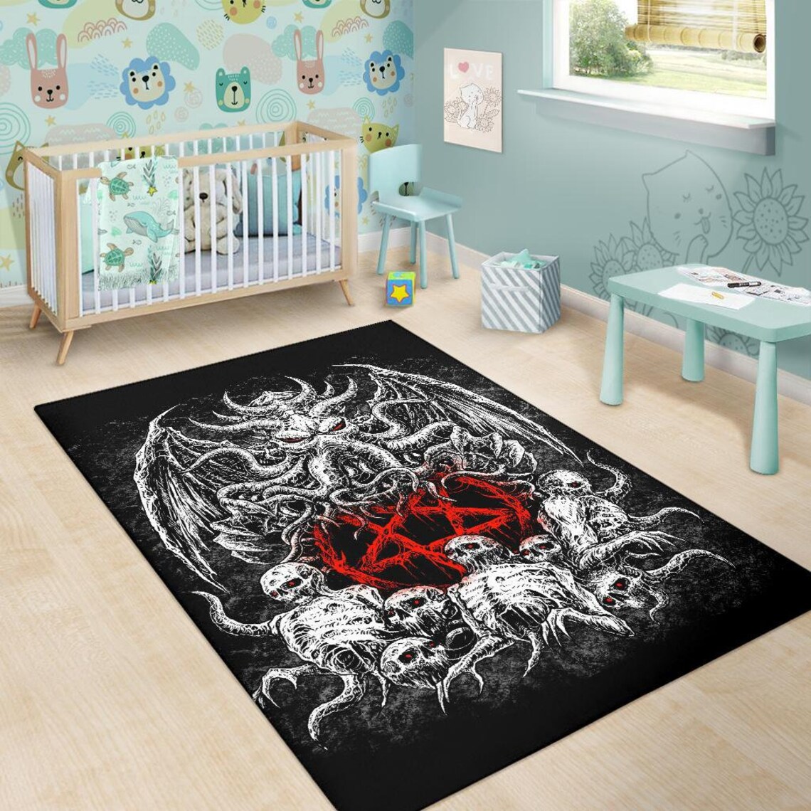Skull Skeleton Demon Octopus Satanic Pentagram Area Rug Black and White ...