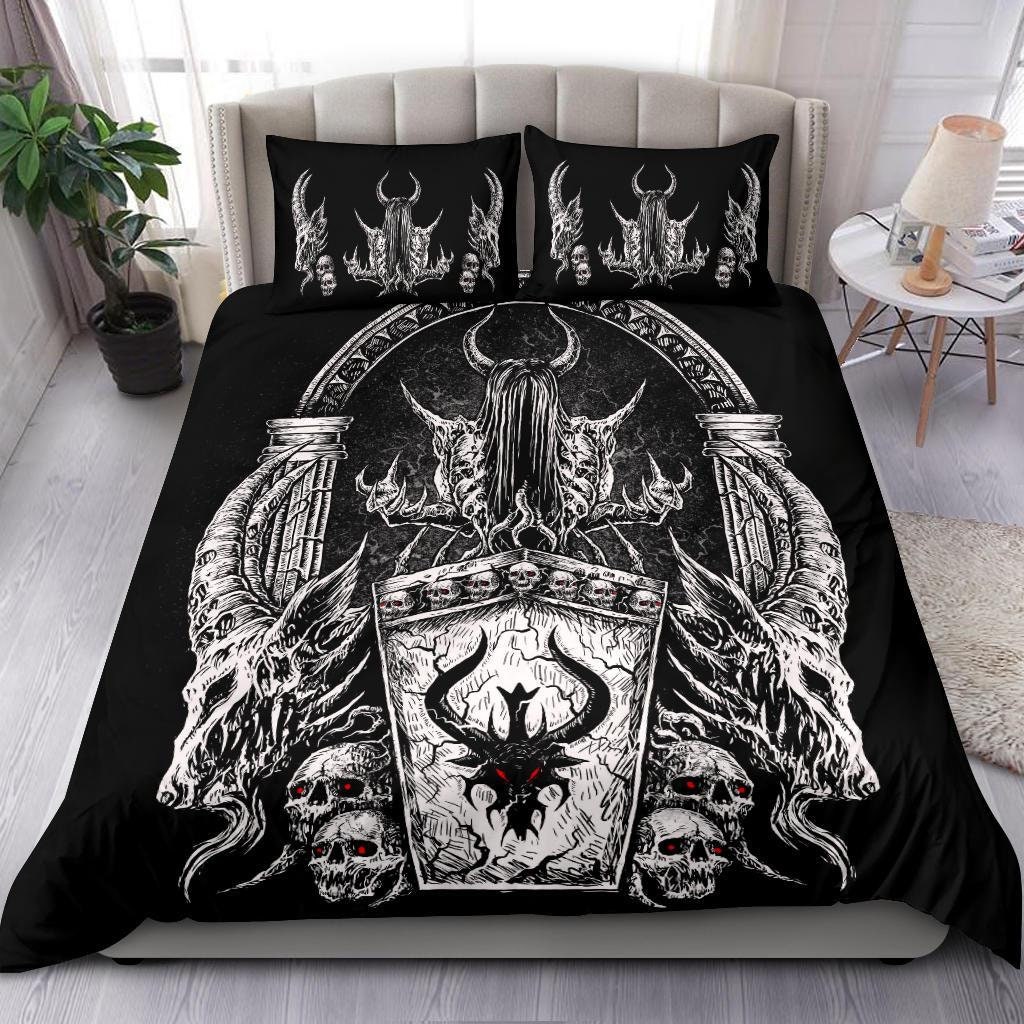 Skull Gothic Demon Shrine Black and White Red Eye Version 3 Piece Duvet ...