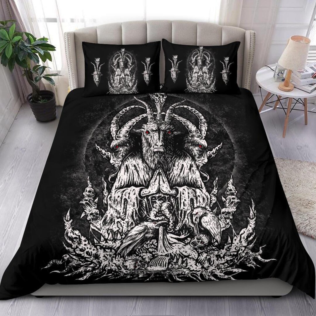 Skull Skeleton Satanic Goat Zombie Crow Feast 3 Piece Duvet Set-satanic ...
