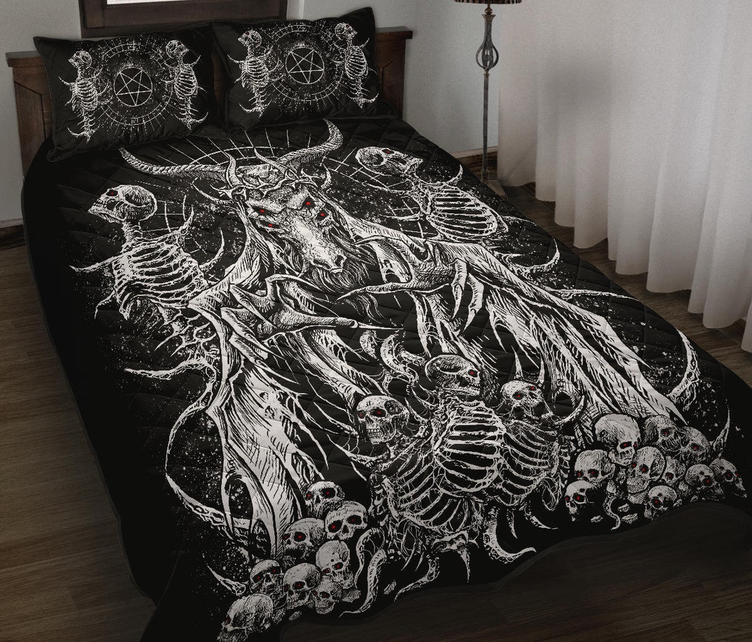 4 Eyed Crowned Goat 3 Piece Quilt Set-black and White Red Eye -baphomet ...