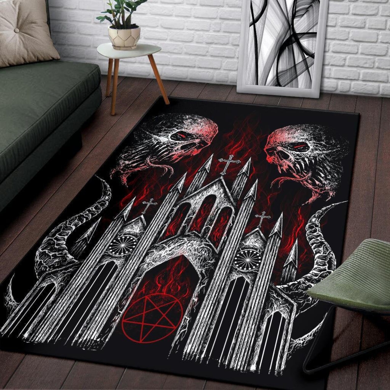 Skull Demon Satanic Pentagram Church Area Rug Black and White | Etsy