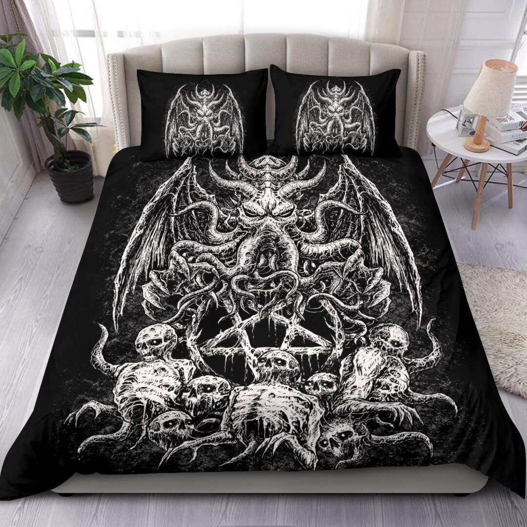 Skull Skeleton Demon Octopus Satanic Pentagram 3 Piece Duvet Set Black ...