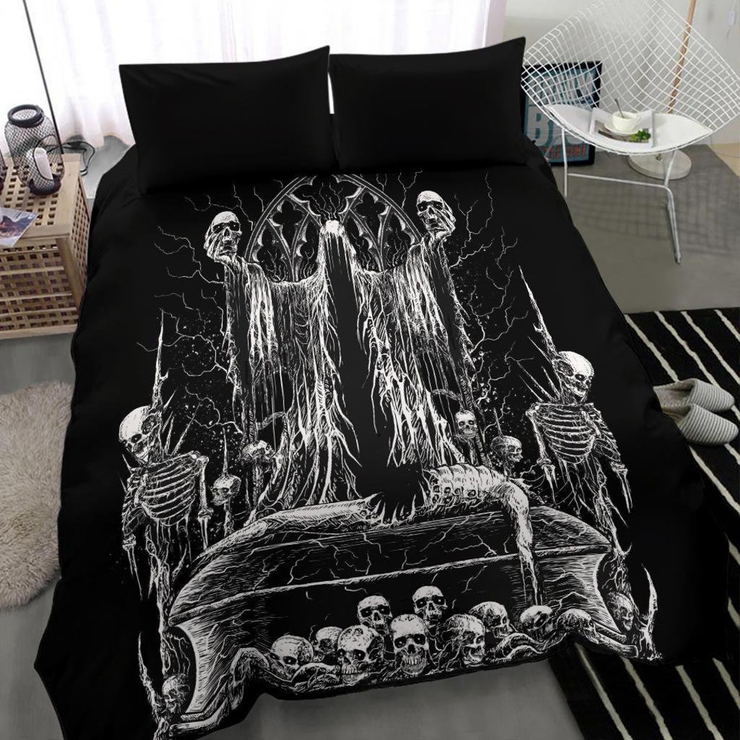 Skull Hooded Demon Impaled Coffin Shrine 3 Piece Duvet Set Black and ...