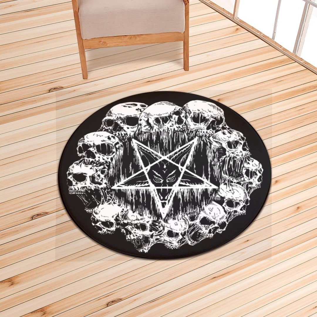 Skull Satanic Pentagram Drip Round Mat-baphomet Skull Mat-satanic ...