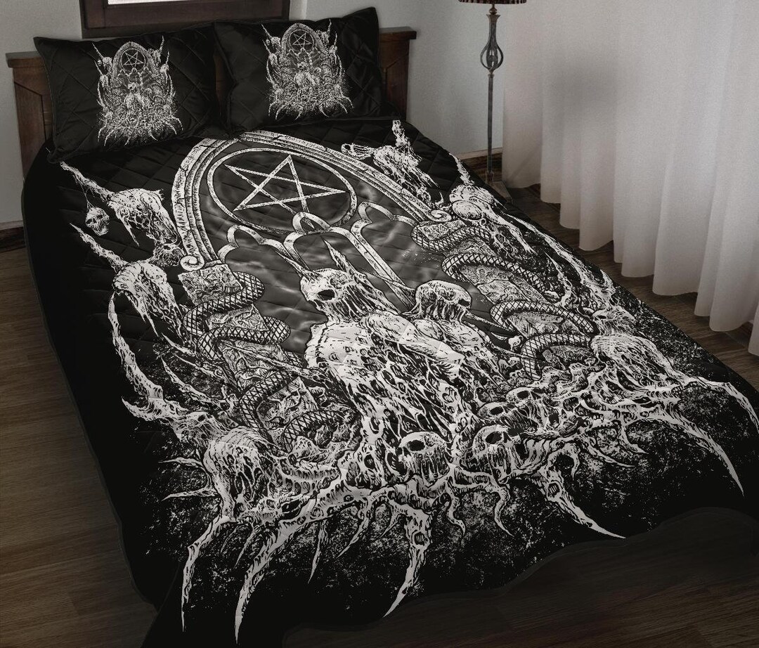 Skull Skeleton Satanic Pentagram Shrine Quilt 3 Piece Bed Set Black and ...