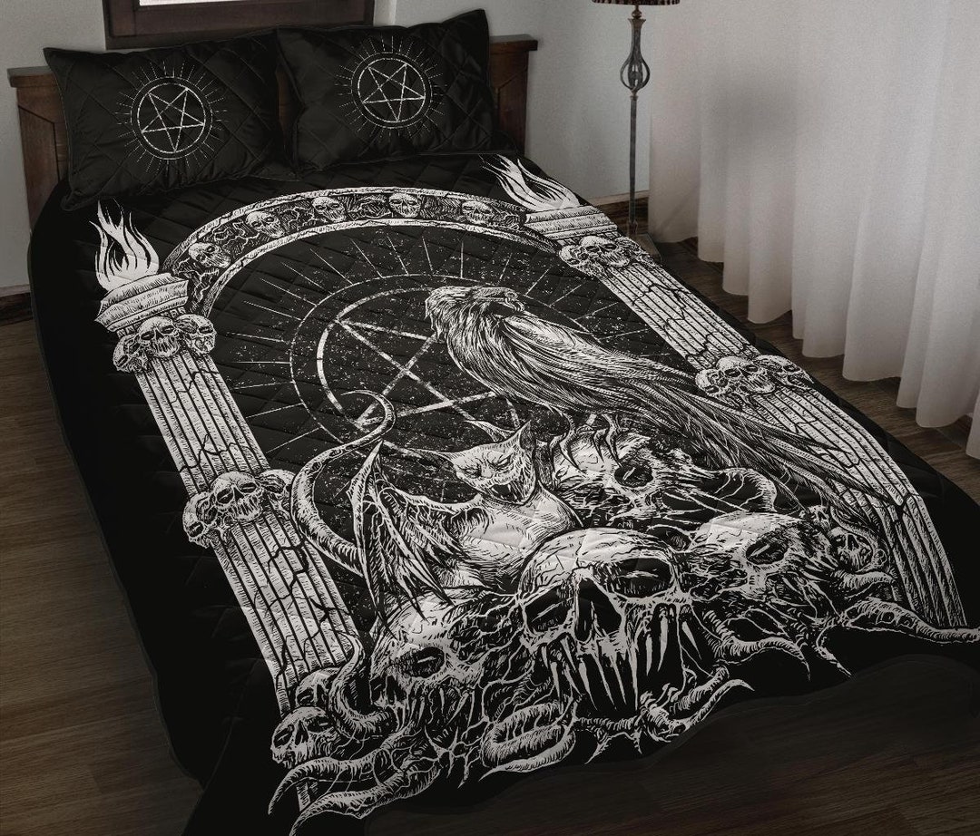Skull Goth Occult Raven Bat Wing Cat Shrine Quilt 3 Piece Set All Black ...