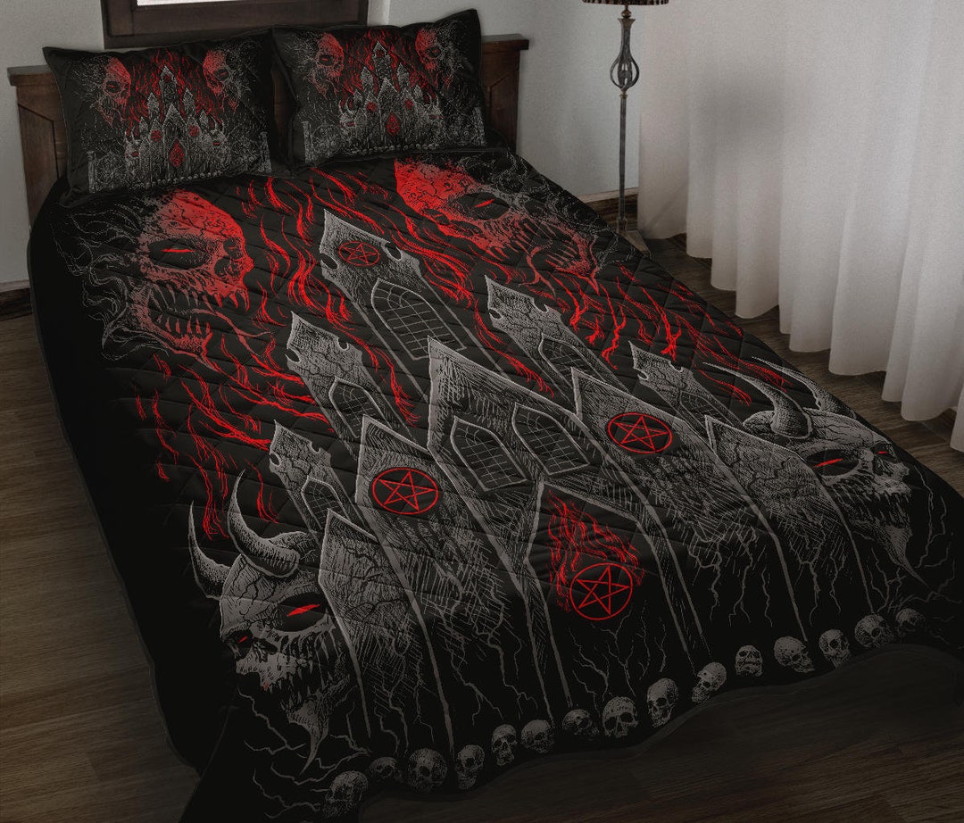 New! Skull Demon Satanic Pentagram Church Flame 3 Piece Quilt Red Flame ...