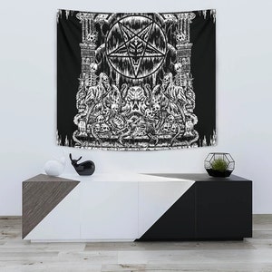 Skull Satanic Pentagram Shrine Huge Wall Tapestry-satanic Wall Decor ...