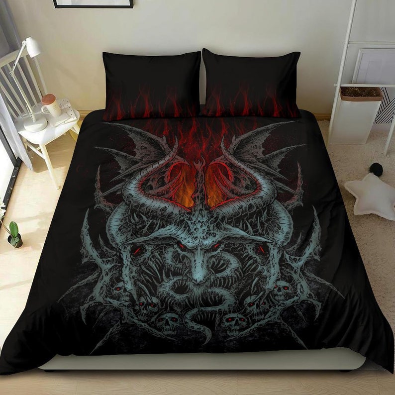 Skull Satanic Goat Winged Demon Flame 3 Piece Duvet Set Red Flame ...