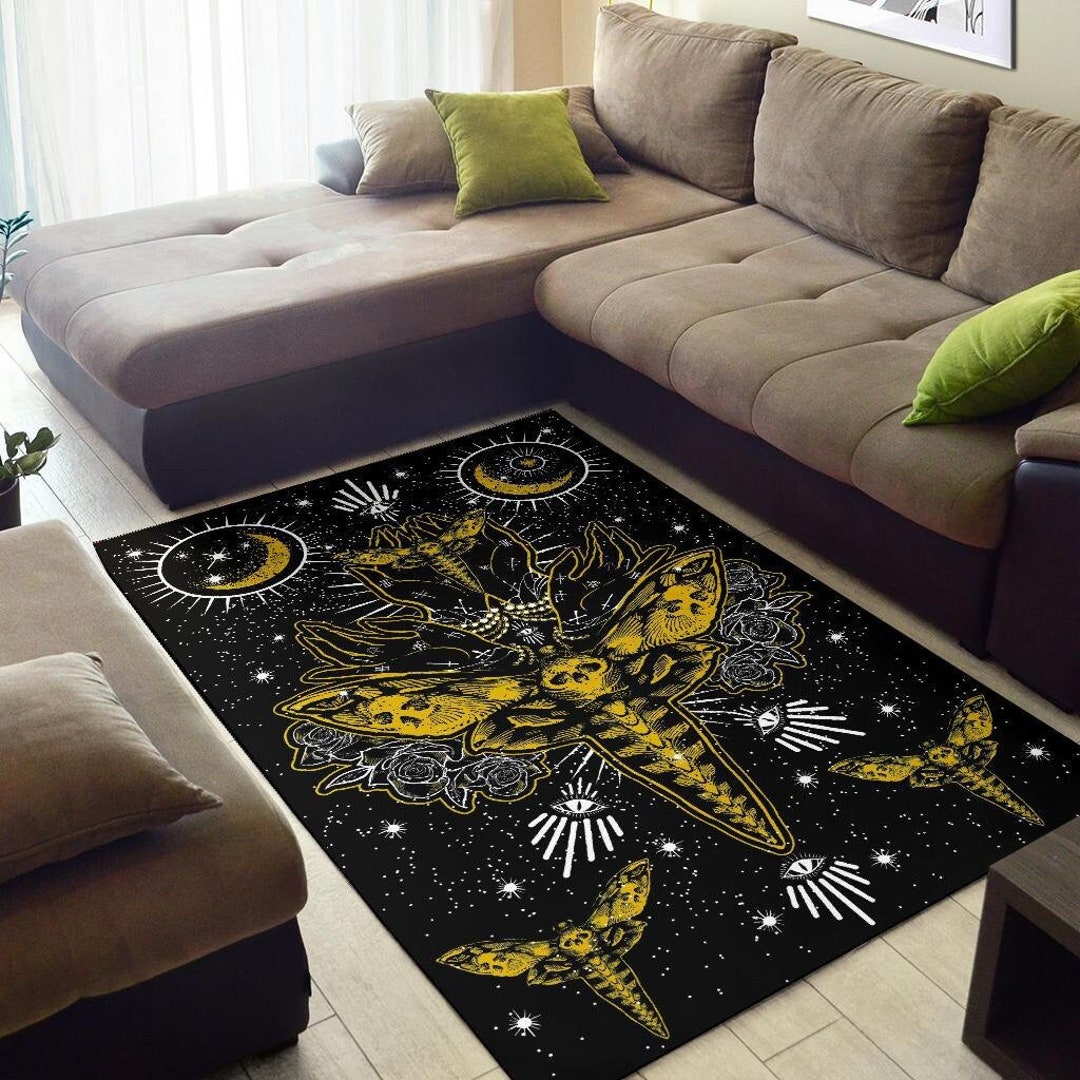 Skull Moth Secret Society Occult Style Area Rug Black and White Yellow ...