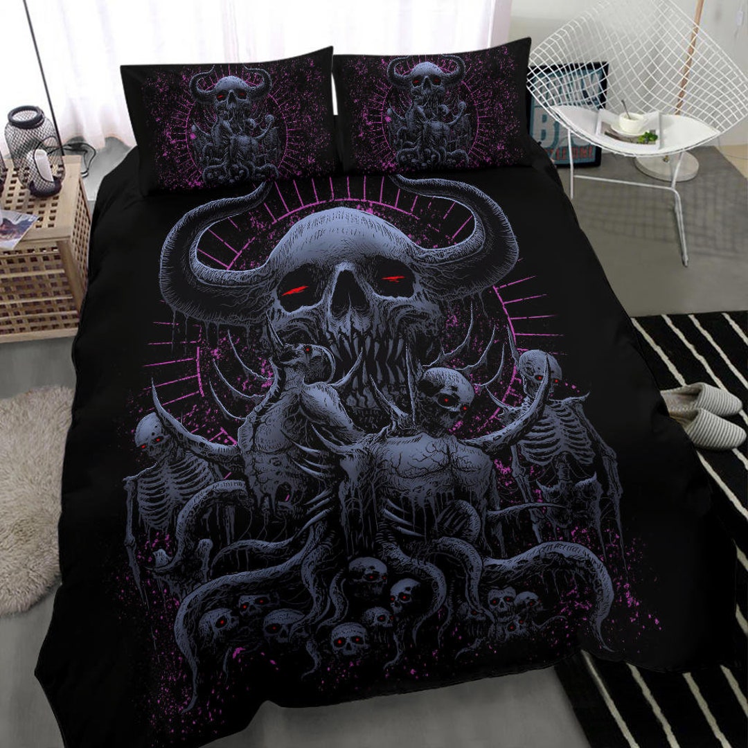 Monster Size Demon Horn Skull Skeleton 3 Piece Duvet Set Night Blue ...