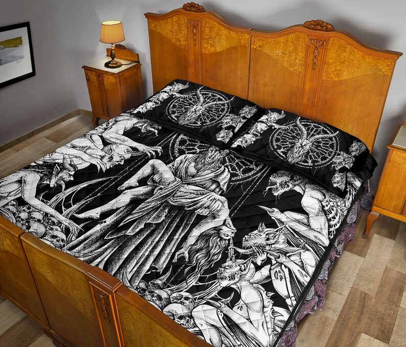 Skull Baphomet Goat Demon Frenzy 3 Piece Quilt Set Black and White ...